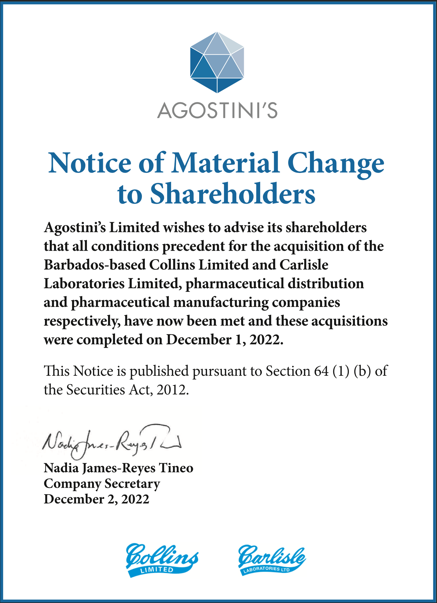 Notice of Material Change to Shareholders: Acquisitions of Collins ...